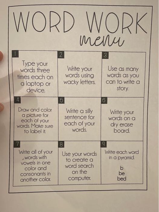 WORD WORK ( menu 2 3 Type your words three times each | Chegg.com