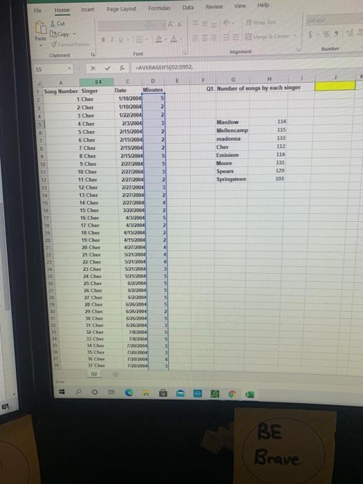 The spreadsheet contains a list of songs that were | Chegg.com