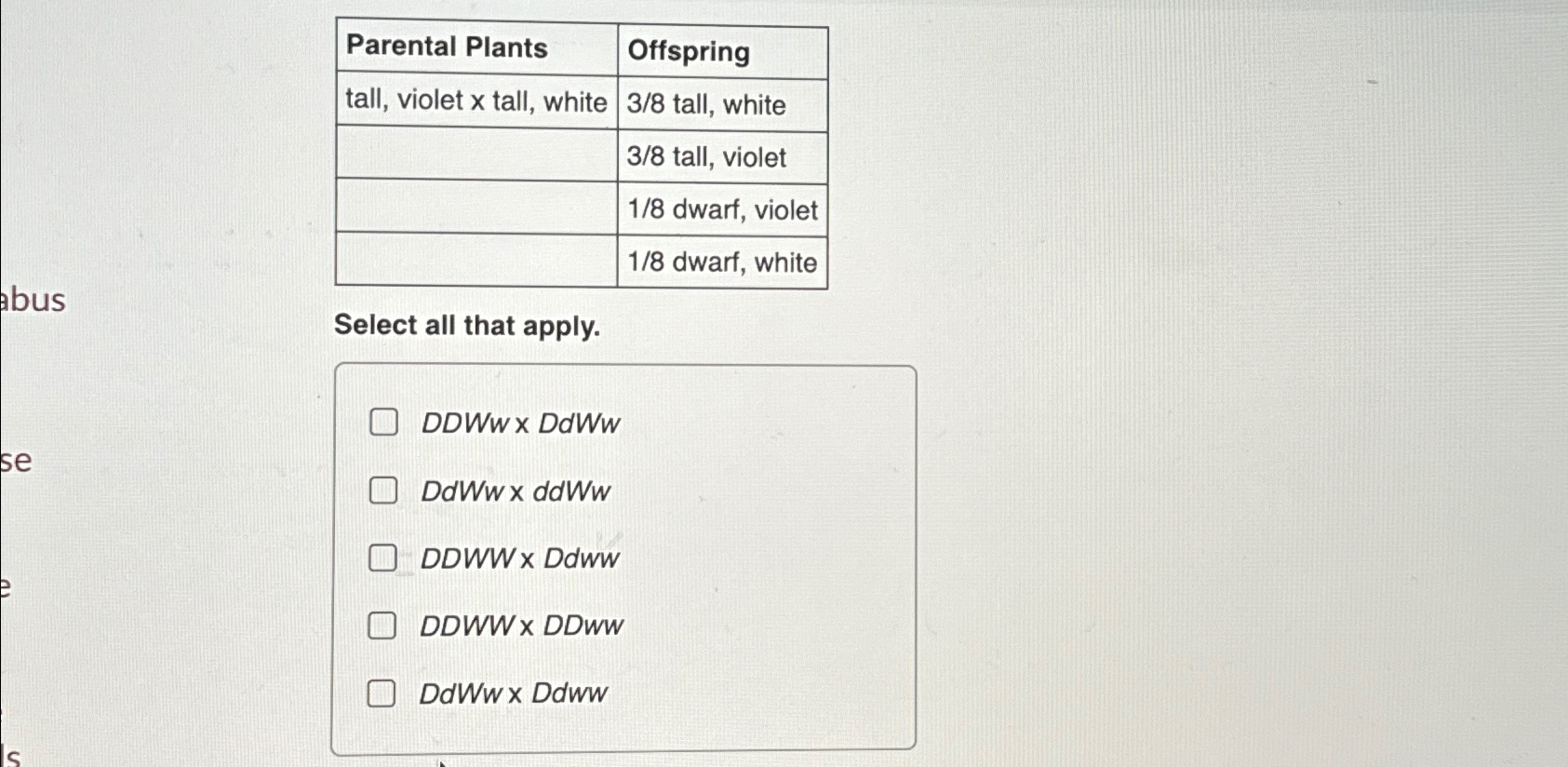 Solved \\\\table[[Parental Plants,Offspring],[tall, violet x | Chegg.com
