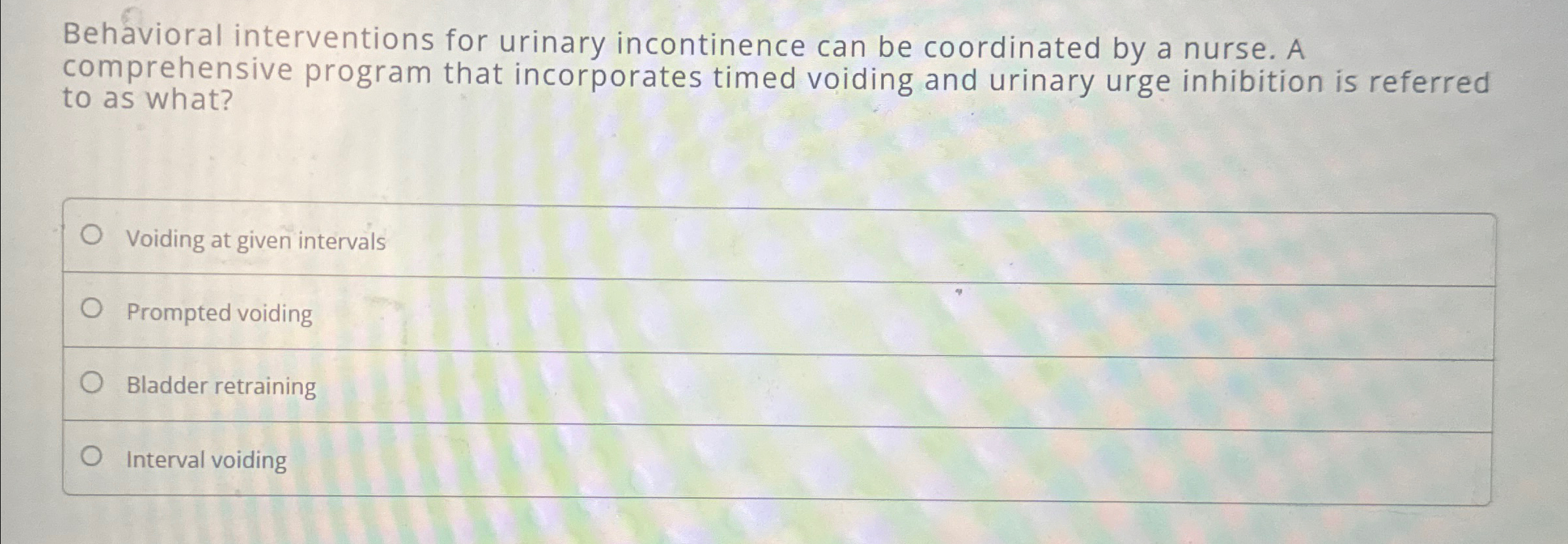 Solved Behavioral interventions for urinary incontinence can | Chegg.com