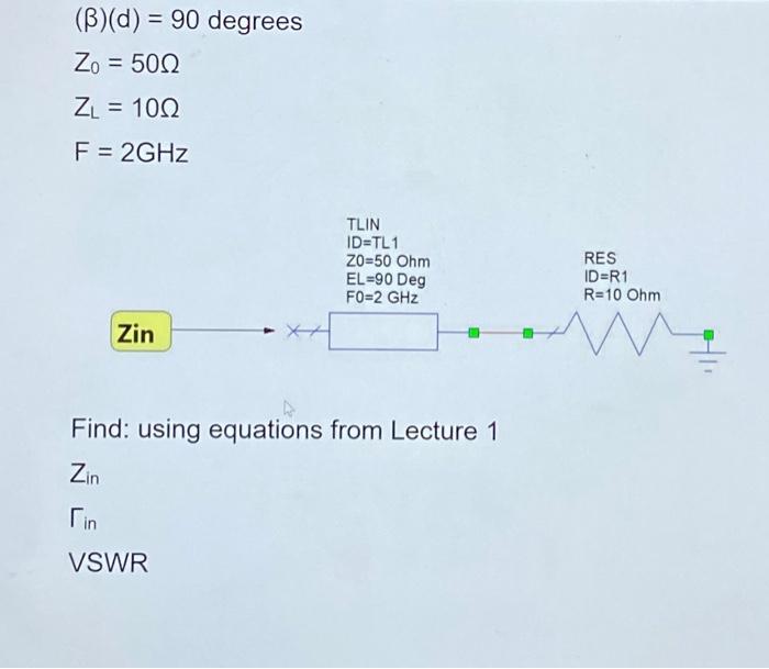 Solved (B)(d) = 90 degrees Zo = 500 Z₁ = 100 F = 2GHz Zin | Chegg.com