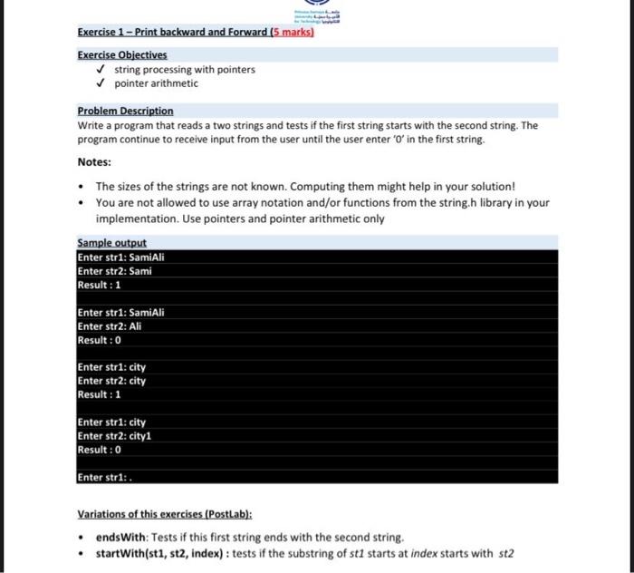 Solved Exercise 1 - Print backward and Forward (5 marks) | Chegg.com