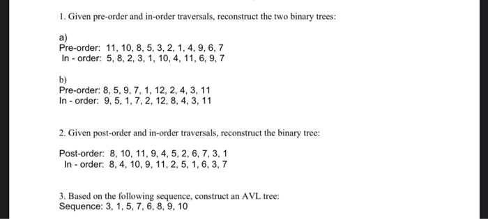 Solved 1. Given pre-order and in-order traversals, | Chegg.com