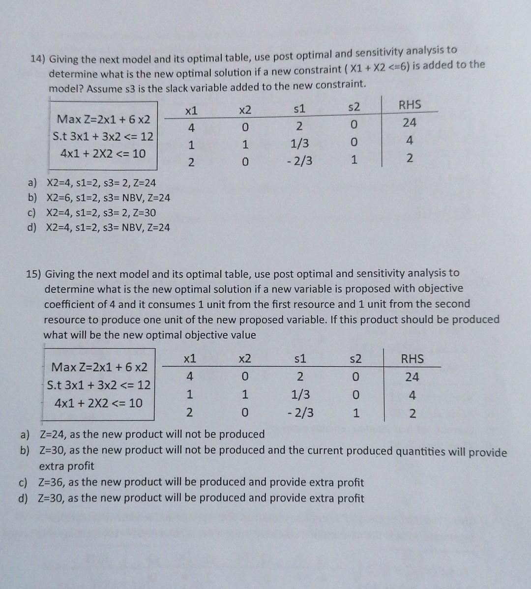 Solved 14) Giving the next model and its optimal table, use | Chegg.com