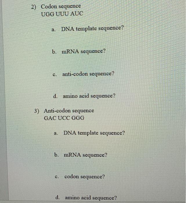 Solved 2) Codon sequence UGG UUU AUC a. DNA template | Chegg.com