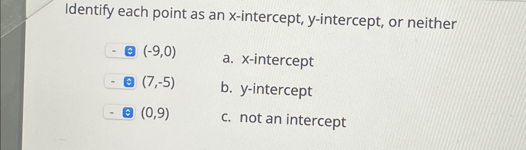 Solved Identify each point as an x-intercept, y-intercept, | Chegg.com