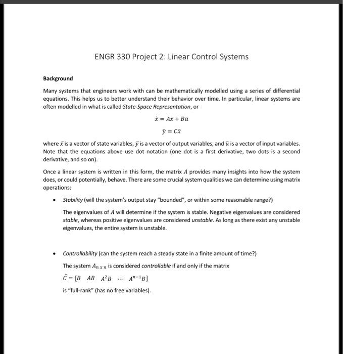 Solved ENGR 330 Project 2: Linear Control Systems Background | Chegg.com