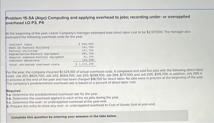 Solved Problem 15-5A (Algo) Computing and applying overhead | Chegg.com