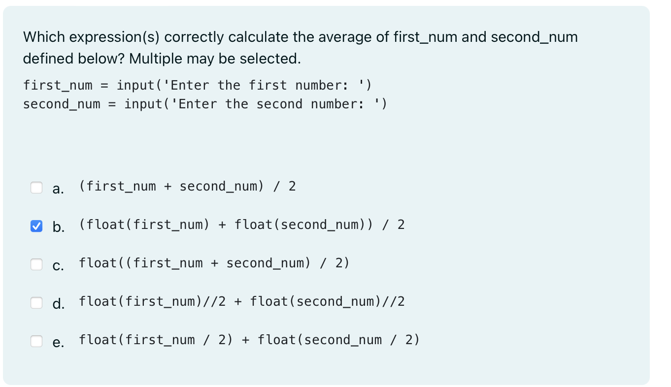 Solved Which expression(s) ﻿correctly calculate the average | Chegg.com