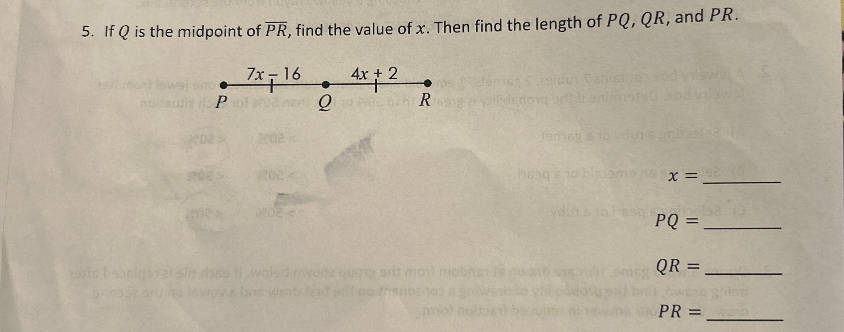 Solved If Q ﻿is the midpoint of ?bar (PR), ﻿find the value | Chegg.com