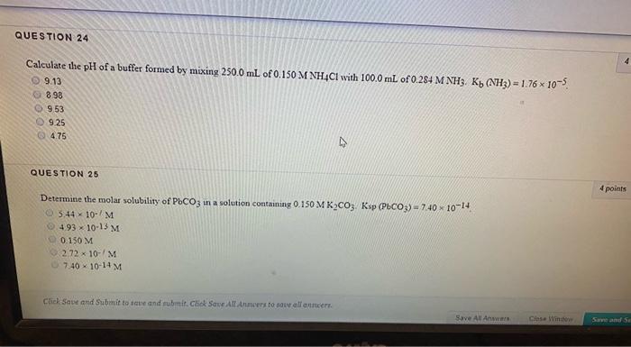 Solved QUESTION 24 4 Calculate the pH of a buffer formed by | Chegg.com