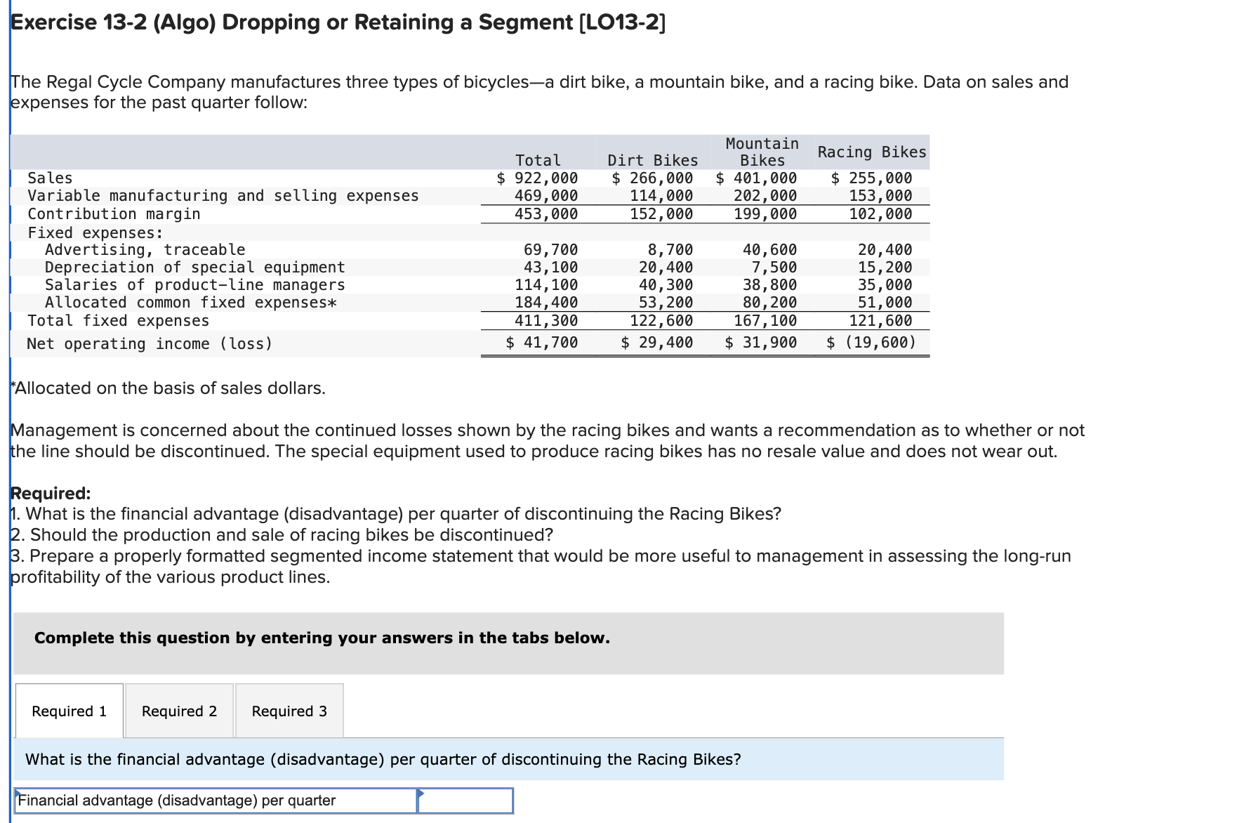 Solved Exercise 13-2 (Algo) ﻿Dropping or Retaining a Segment | Chegg.com