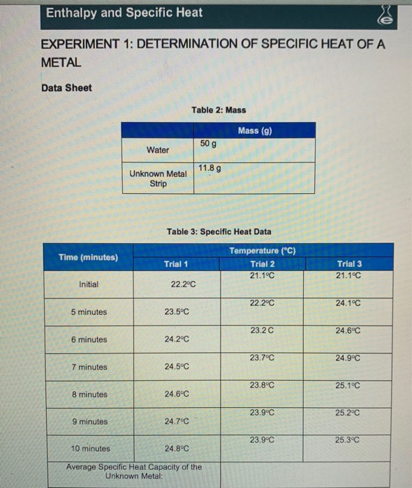 Enthalpy and Specific Heat EXPERIMENT 1: | Chegg.com
