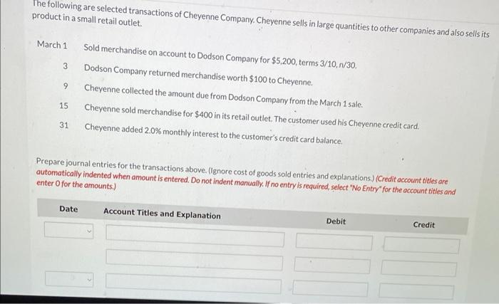 Solved The following are selected transactions of Cheyenne | Chegg.com
