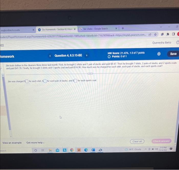 Solved Jim took dothes to the cheaners theee times last | Chegg.com