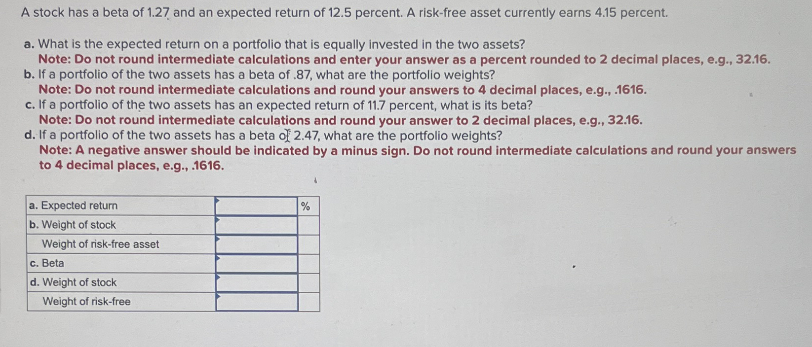 Solved A stock has a beta of 1.27 ﻿and an expected return of | Chegg.com