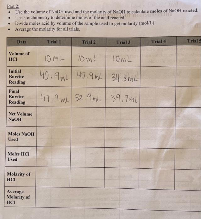 Solved Part 2: - Use the volume of NaOH used and the | Chegg.com