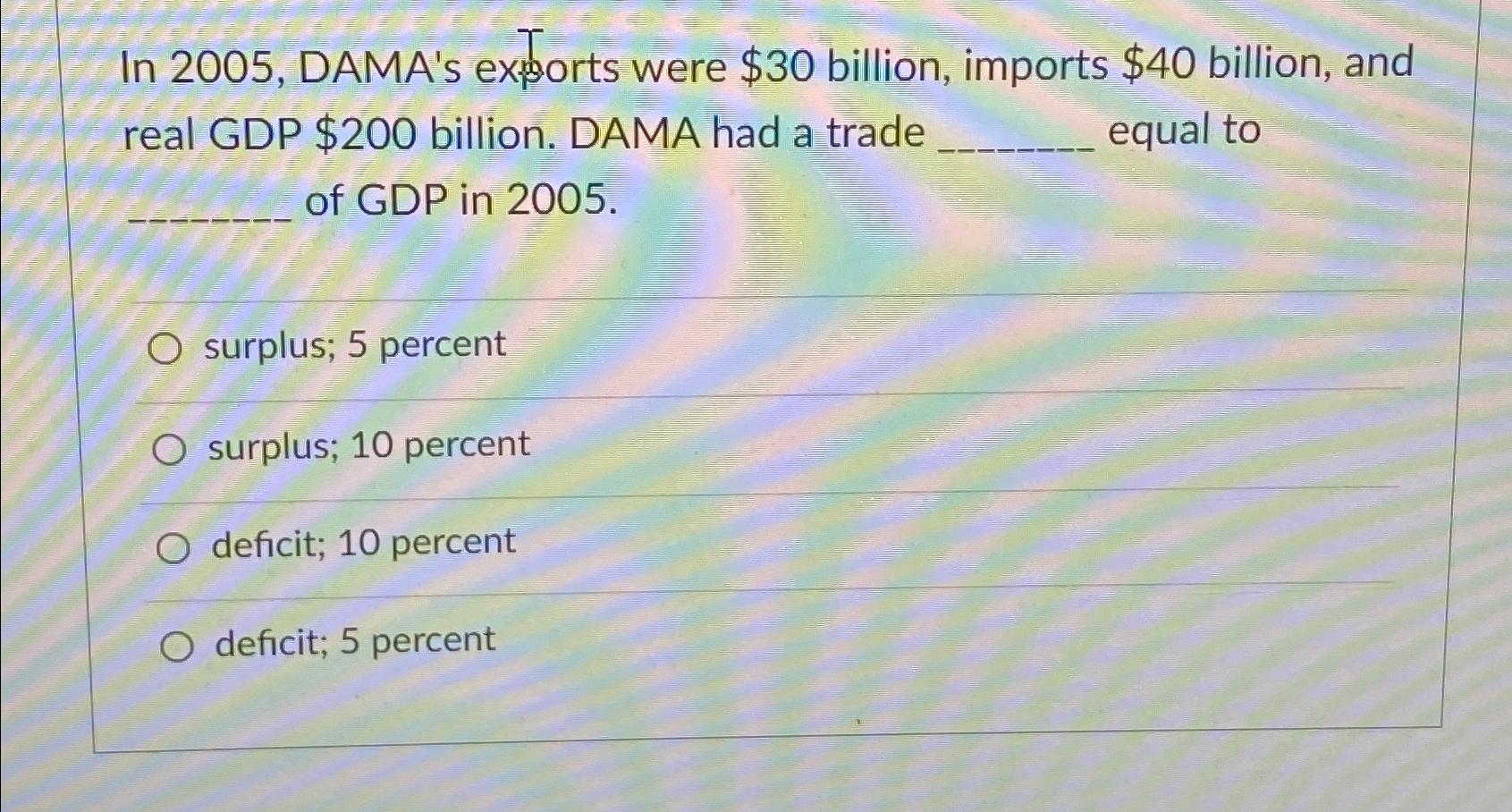 Solved In 2005, ﻿DAMA's exports were $30 ﻿billion, imports | Chegg.com