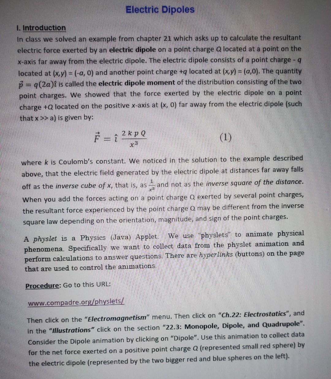 Solved Electric Dipoles 1. Introduction in class we solved | Chegg.com