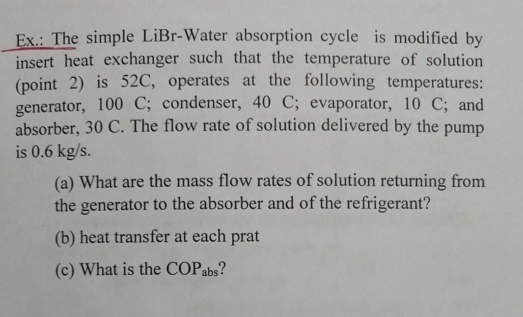 Solved Ex.: The simple LiBr-Water absorption cycle is | Chegg.com
