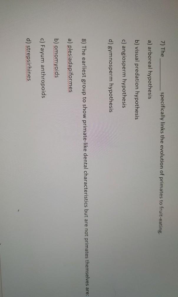 Solved 7) The specifically links the evolution of primates | Chegg.com