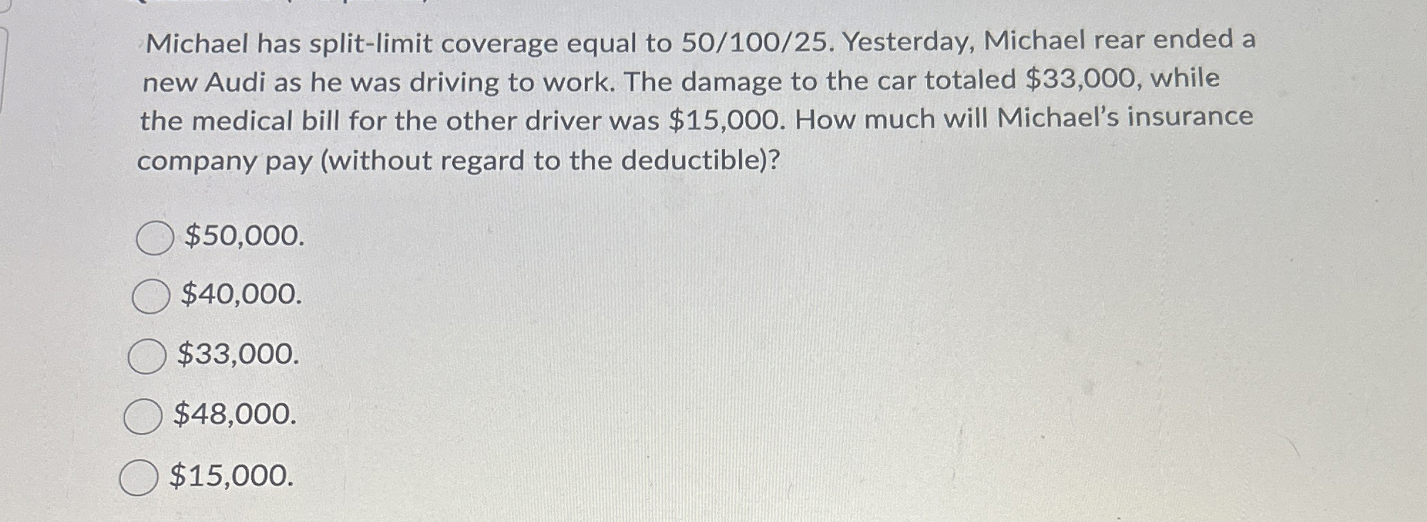 Solved Michael has split-limit coverage equal to 50/100/25. | Chegg.com