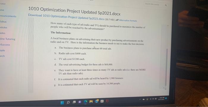 Solved 1010 Optimization Project Updated Sp2021.docx | Chegg.com