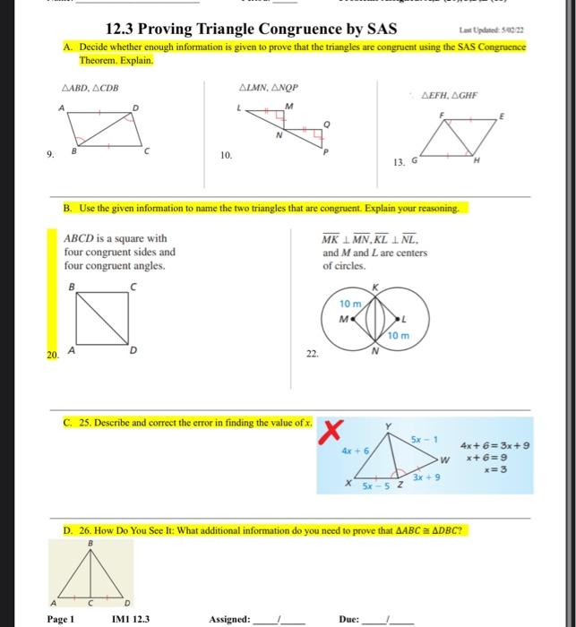 Solved 12.5 Proving Triangle Congruence by SSS A. Decide | Chegg.com