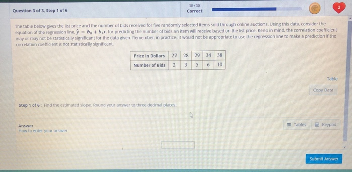Solved Question 3 of 3. Step 1 of 6 18/18 Correct The table | Chegg.com