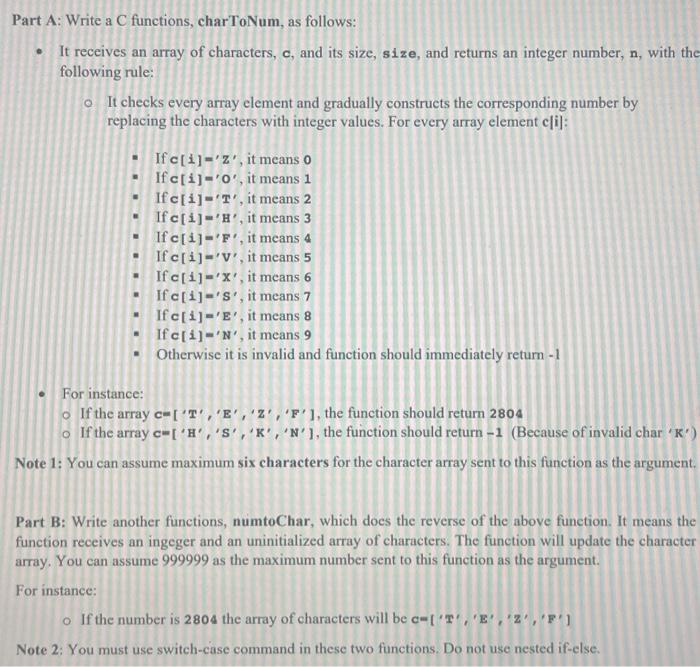 Solved Part A Write A C Functions CharToNum As Follows Chegg