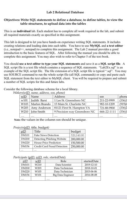 Lab 2 Relational Database Objectives: Write SQL | Chegg.com
