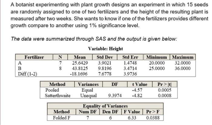Solved A botanist experimenting with plant growth designs an | Chegg.com