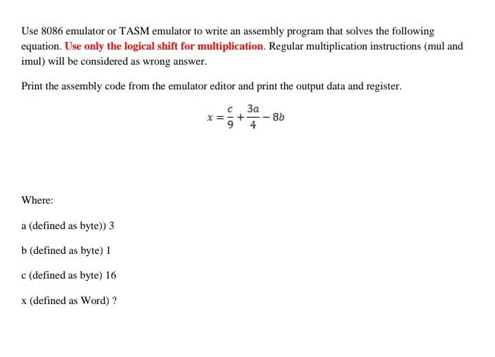 Solved Use 8086 emulator or TASM emulator to write an | Chegg.com Solved Use 8086 emulator or TASM emulator to write an | Chegg.com