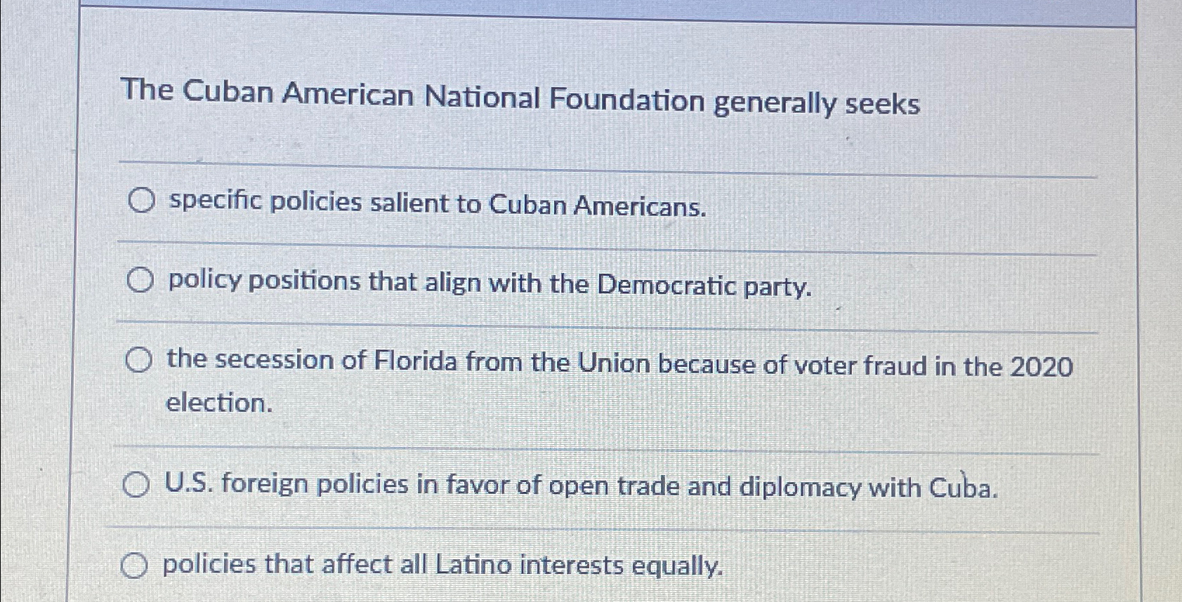 Solved The Cuban American National Foundation generally | Chegg.com