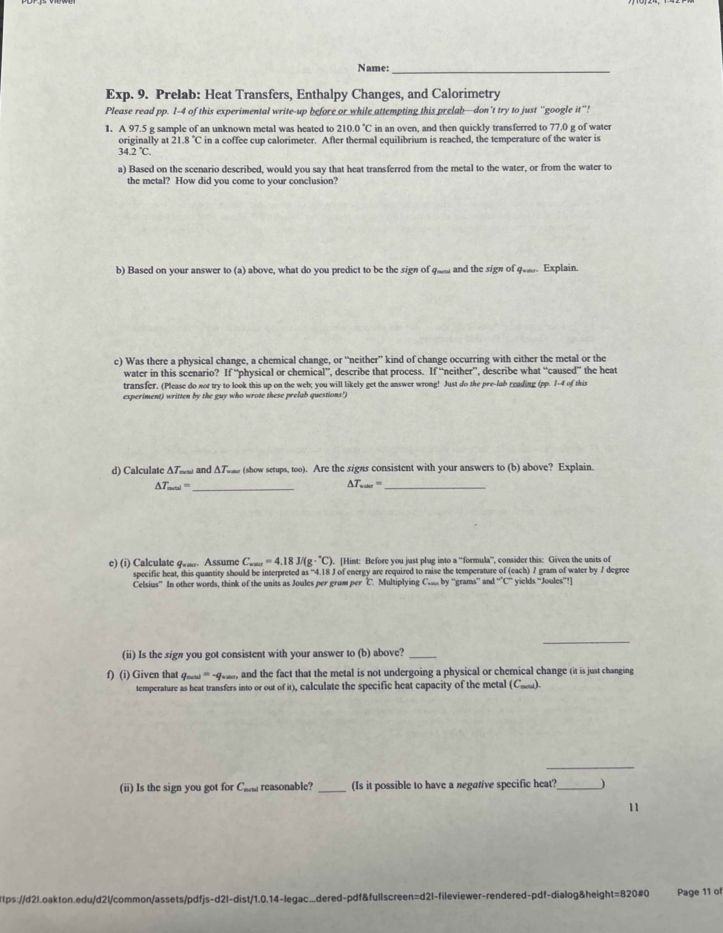 Solved NamiExp. 9. ﻿Prelab: Heat Transfers, Enthalpy | Chegg.com