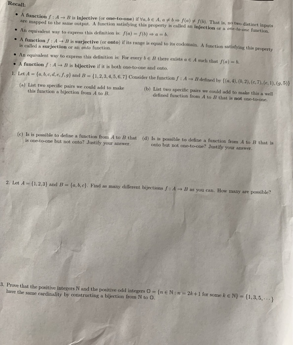 Solved Recall: • A functions: A B is injective (or | Chegg.com