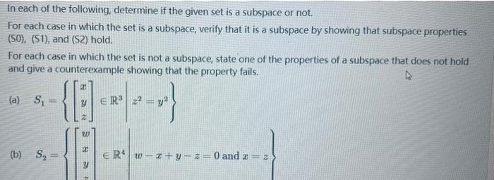 Solved In each of the following, determine if the given set | Chegg.com