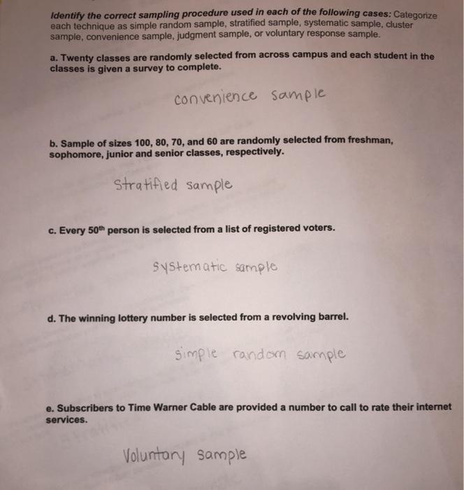 Solved Identify the correct sampling procedure used in each | Chegg.com