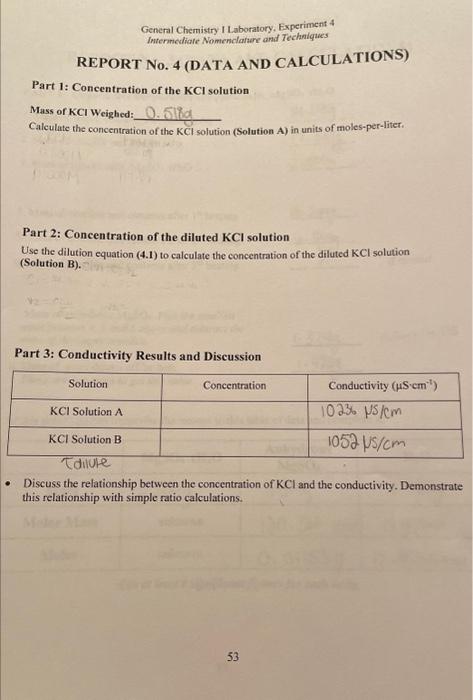 Solved Part 1: Concentration of the KCl solution Mass of KCI | Chegg.com