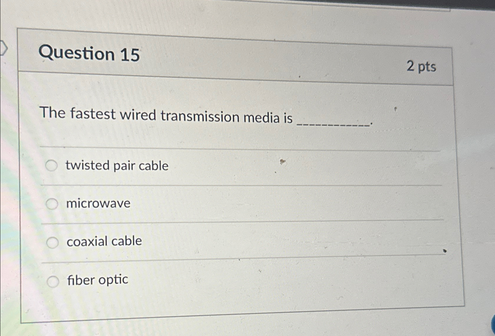Solved Question 152 ptsThe fastest wired transmission media | Chegg.com Solved Question 152 ptsThe fastest wired transmission media | Chegg.com