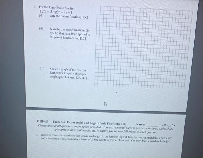 Solved f(x)=3log(x−2)−1 (i) state the parent finction: [1K] | Chegg.com
