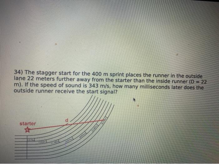 Solved 34) The stagger start for the 400 m sprint places the | Chegg.com