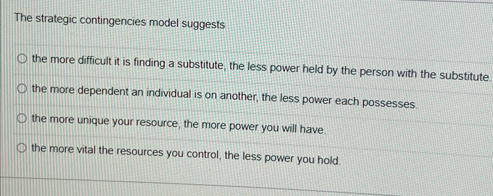 Solved The strategic contingencies model suggeststhe more | Chegg.com