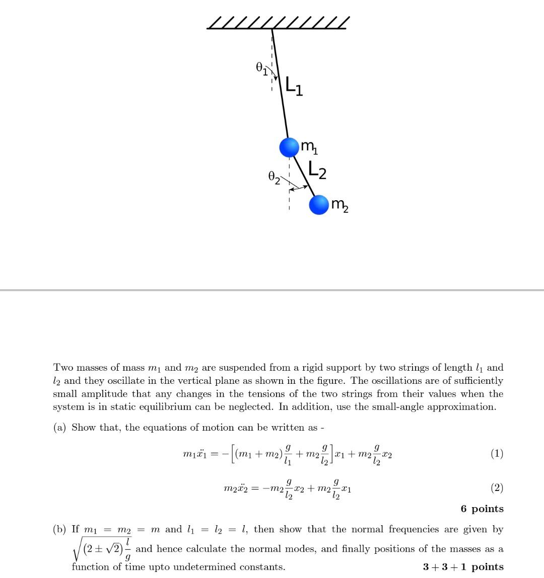 Solved Two masses of mass m1 and m2 are suspended from a | Chegg.com