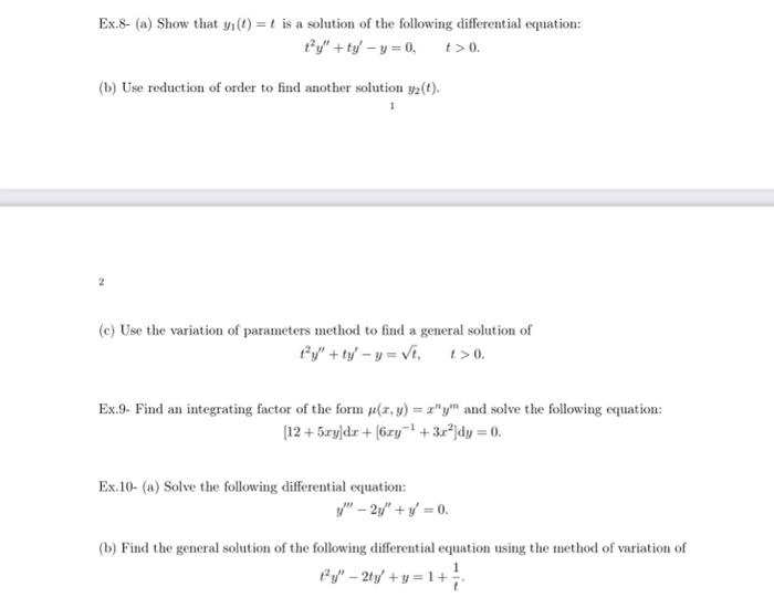 Solved Ex.8- (a) Show that y1(t)=t is a solution of the | Chegg.com