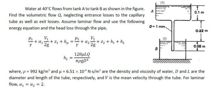 Solved Water at 40°C ﻿flows from tank A ﻿to tank B ﻿as shown | Chegg.com