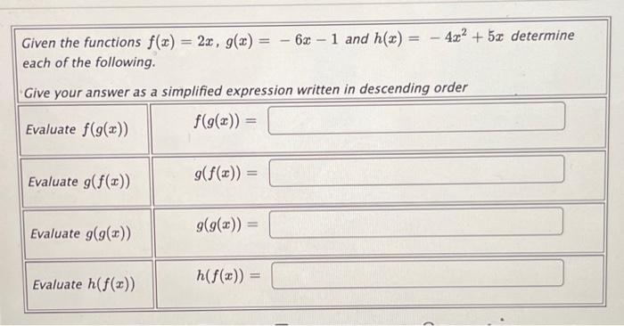 Solved Given the functions f(x)=2x,g(x)=−6x−1 and | Chegg.com