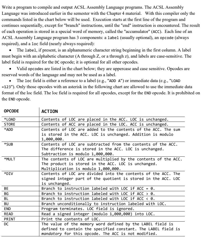 Solved Write a program to compile and output ACSL Assembly | Chegg.com