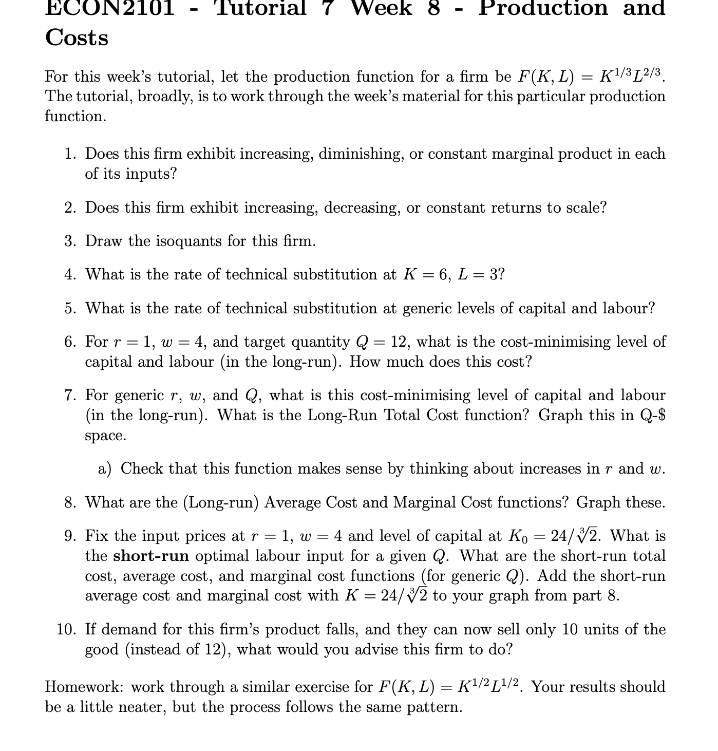 ECON2101 - ﻿Tutorial 7 ﻿Week 8 - ﻿Production | Chegg.com
