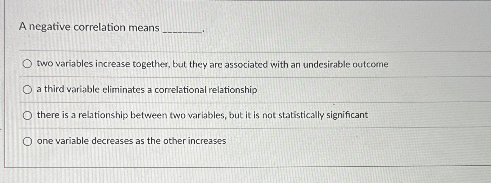 Solved A negative correlation meanstwo variables increase | Chegg.com